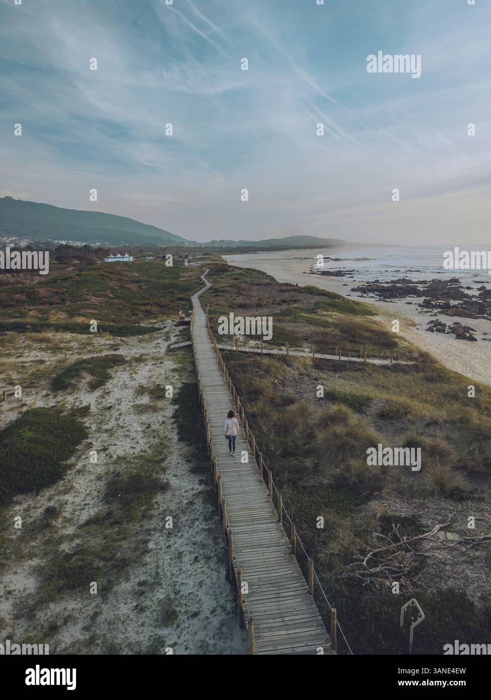 Aerial view of beautiful coastal boardwalk at Praia da Duna do ...