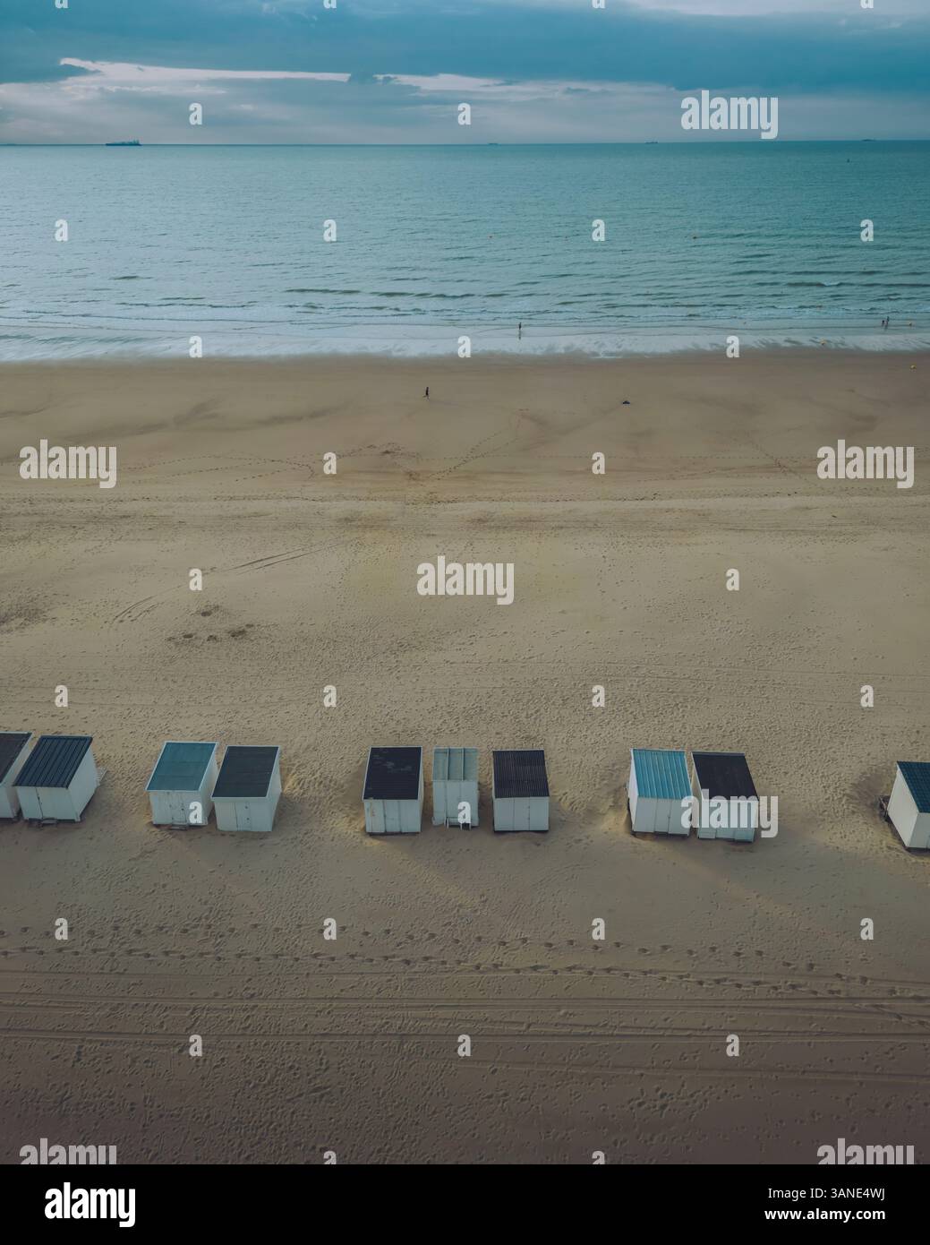 Aerial view of sandy beach with Beach Huts, Plage de Calais, France ...