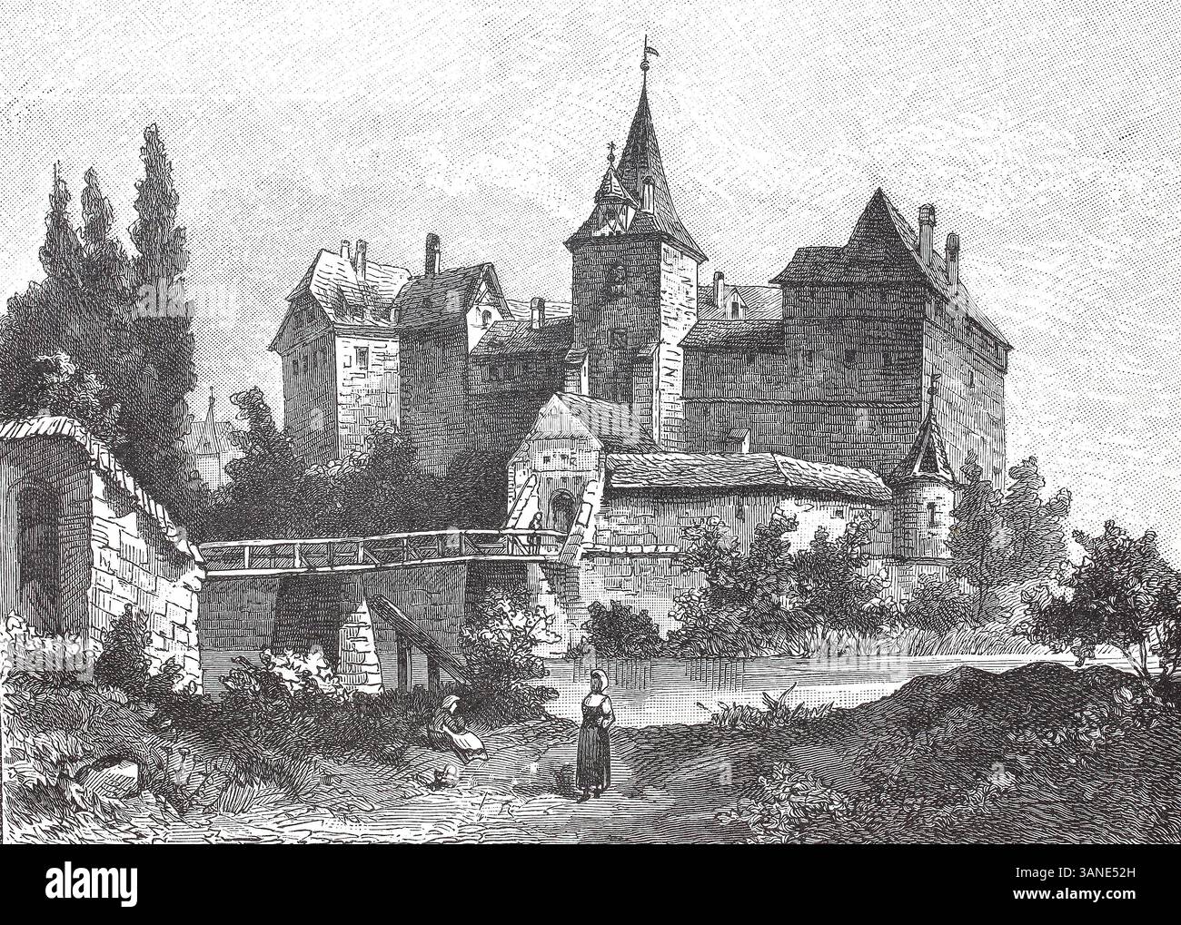 Wenzel Castle on the Pegnitz River in Lauf in 1895, Nuremberg region ...