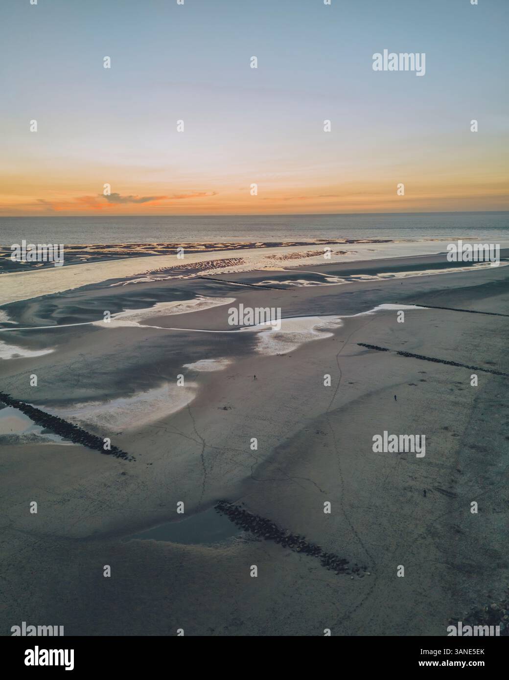 Aerial view of sandy beach with blue ocean waves, Plage de Berck, Berck ...