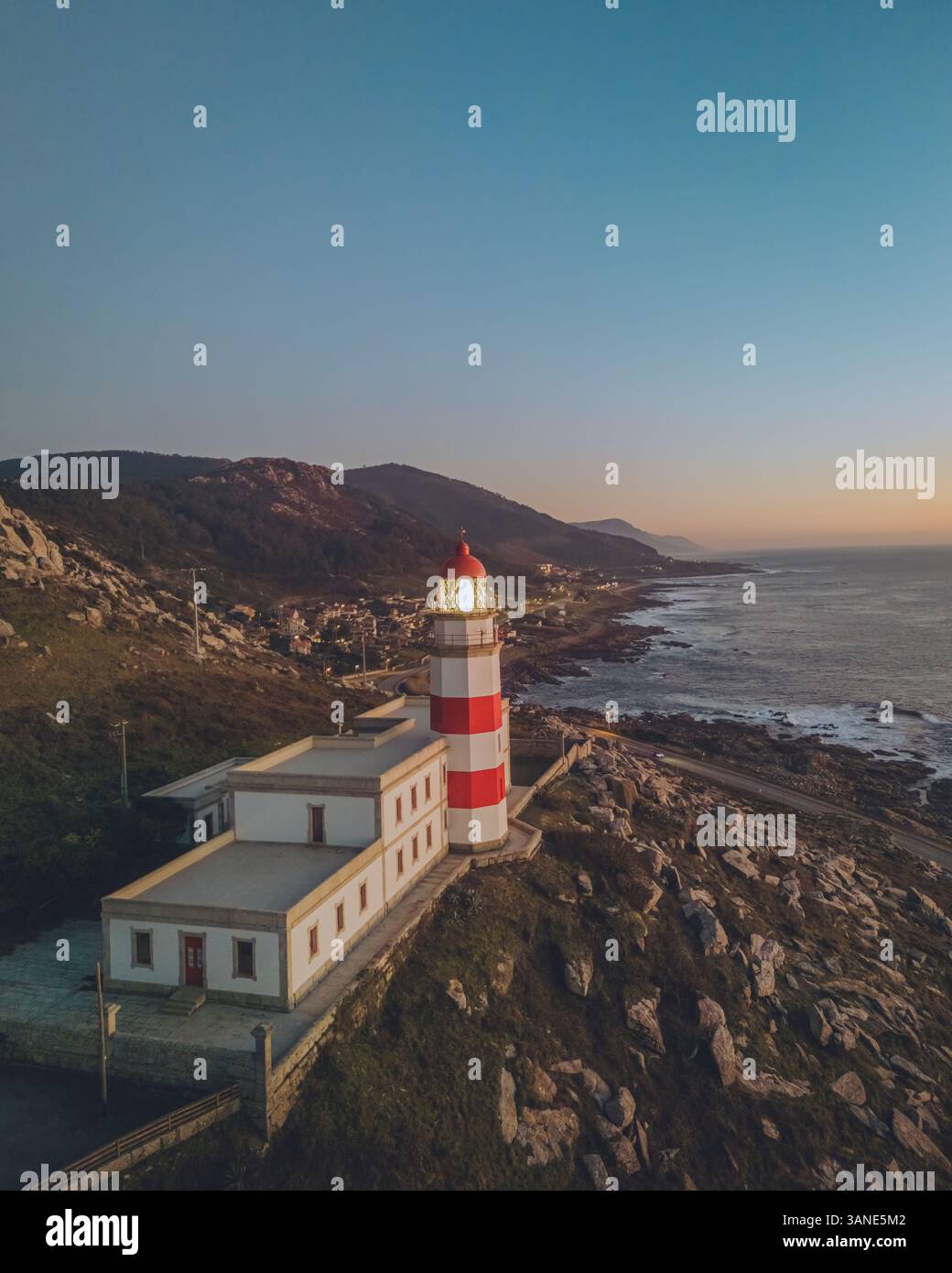 Aerial view of Faro de Cabo Silleiro and the stunning coastline of Rias ...