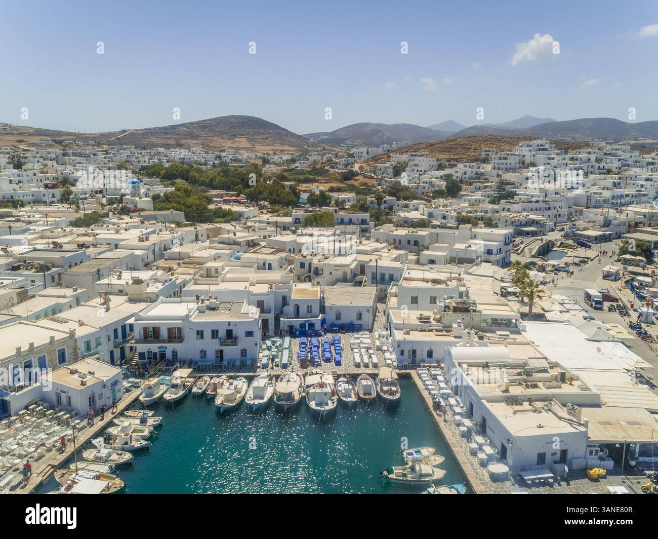 Aerial view of Naousa city, with traditional white houses, Greece Stock ...