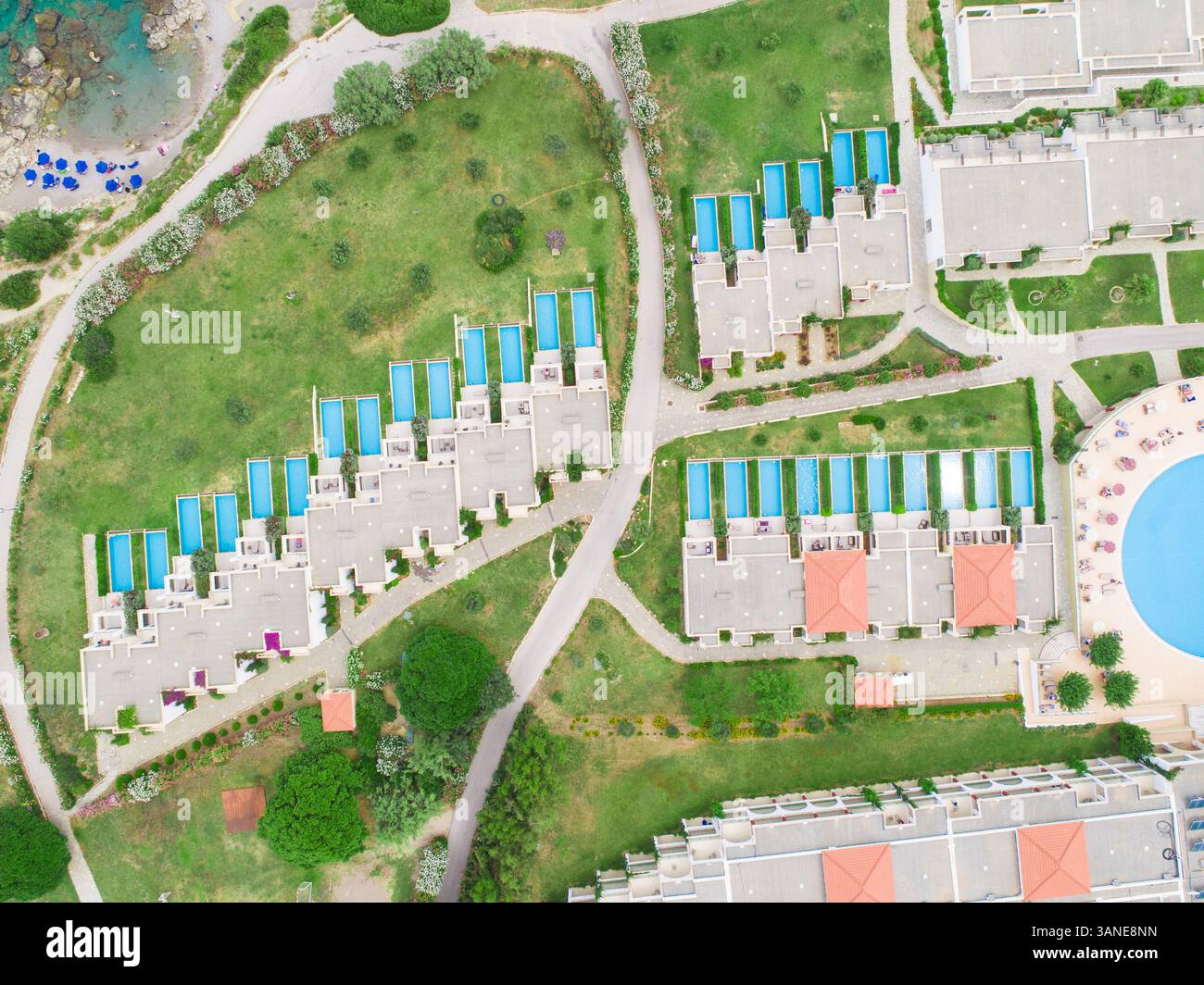 Aerial view of resort complex with multi swimming pools in Rhodes ...