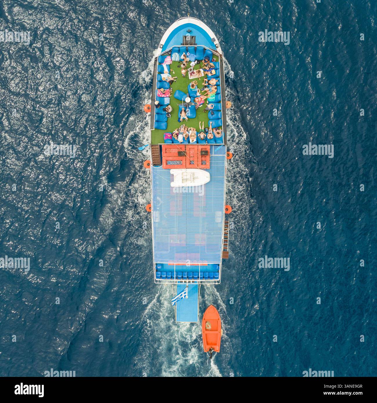 Aerial view of passenger ferry boat in the mediterranean sea, Rhodes ...