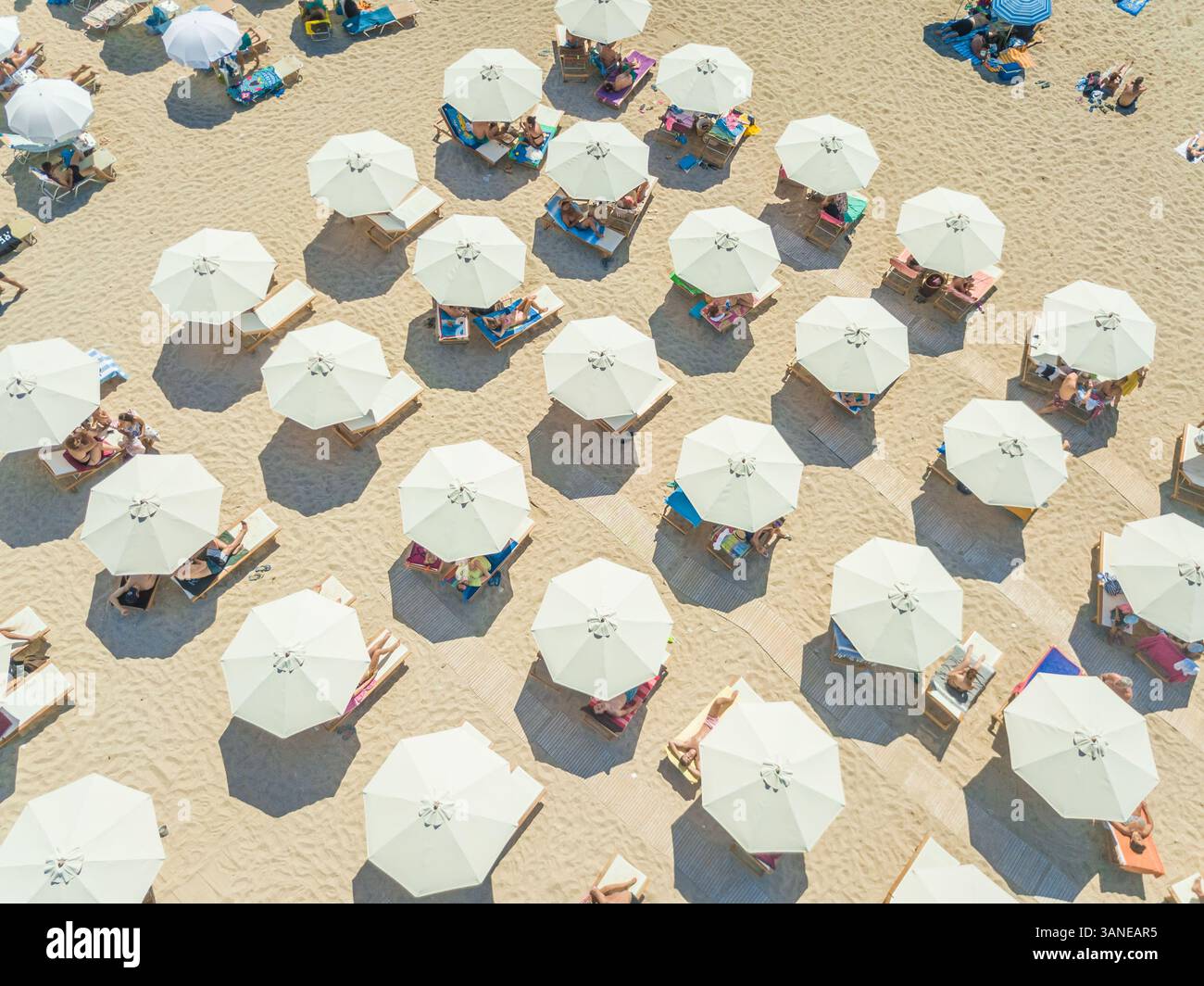 Aerial view of beach with white parasols on Achaia, Greece Stock Photo ...