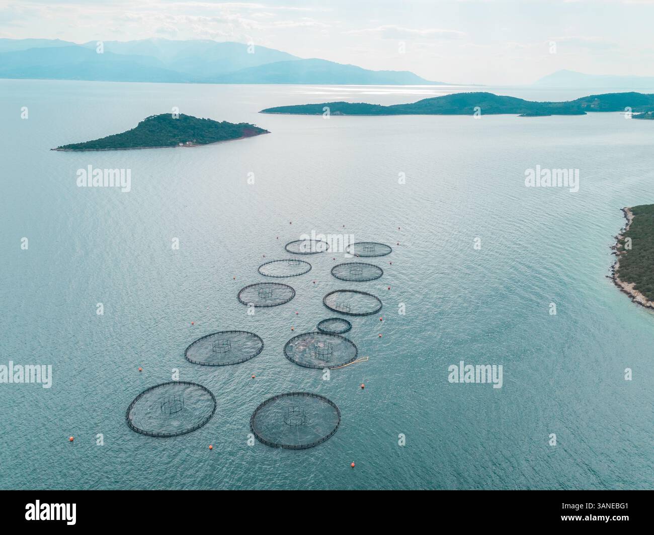 Aerial view of the round fish farm pools in the Mediterranean sea ...