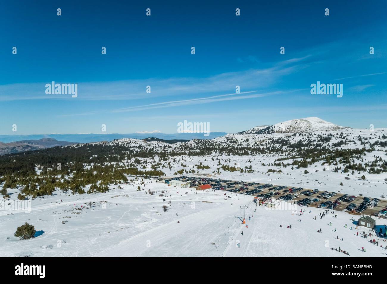 Aerial view of full parking lot at ski resort at Mount Erymanthos in ...