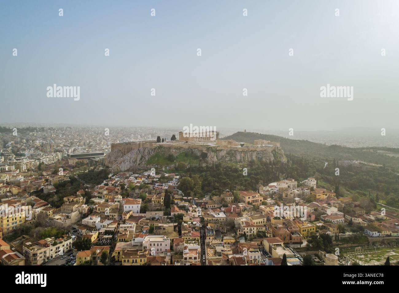 Aerial view of Acropolis of Athens, ancient citadel located on a rocky outcrop above the city of ...