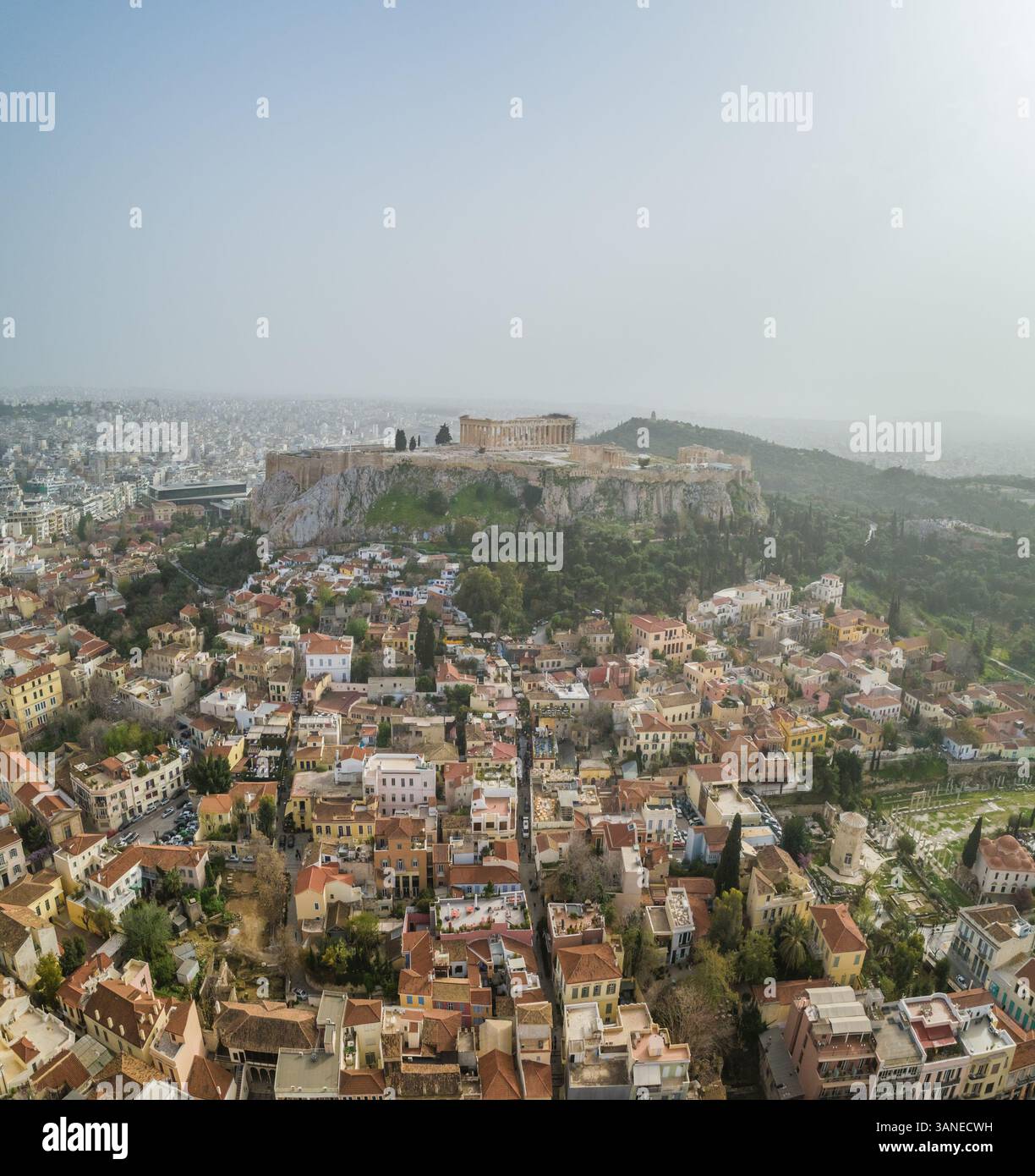 Aerial view of Acropolis of Athens, ancient citadel located on a rocky outcrop above the city of ...
