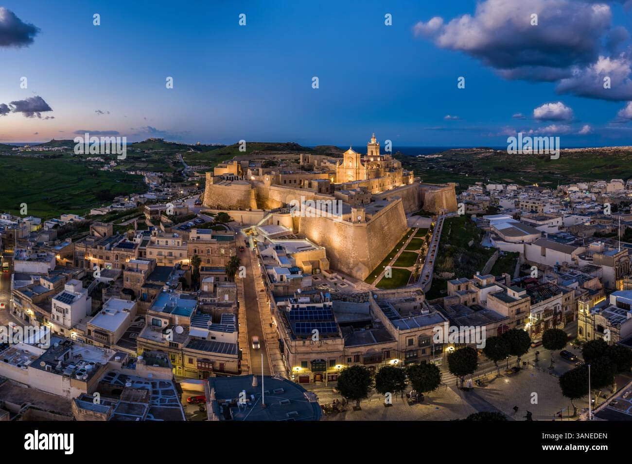 Aerial view of the Citadel on Gozo during the night, Malta Stock Photo ...