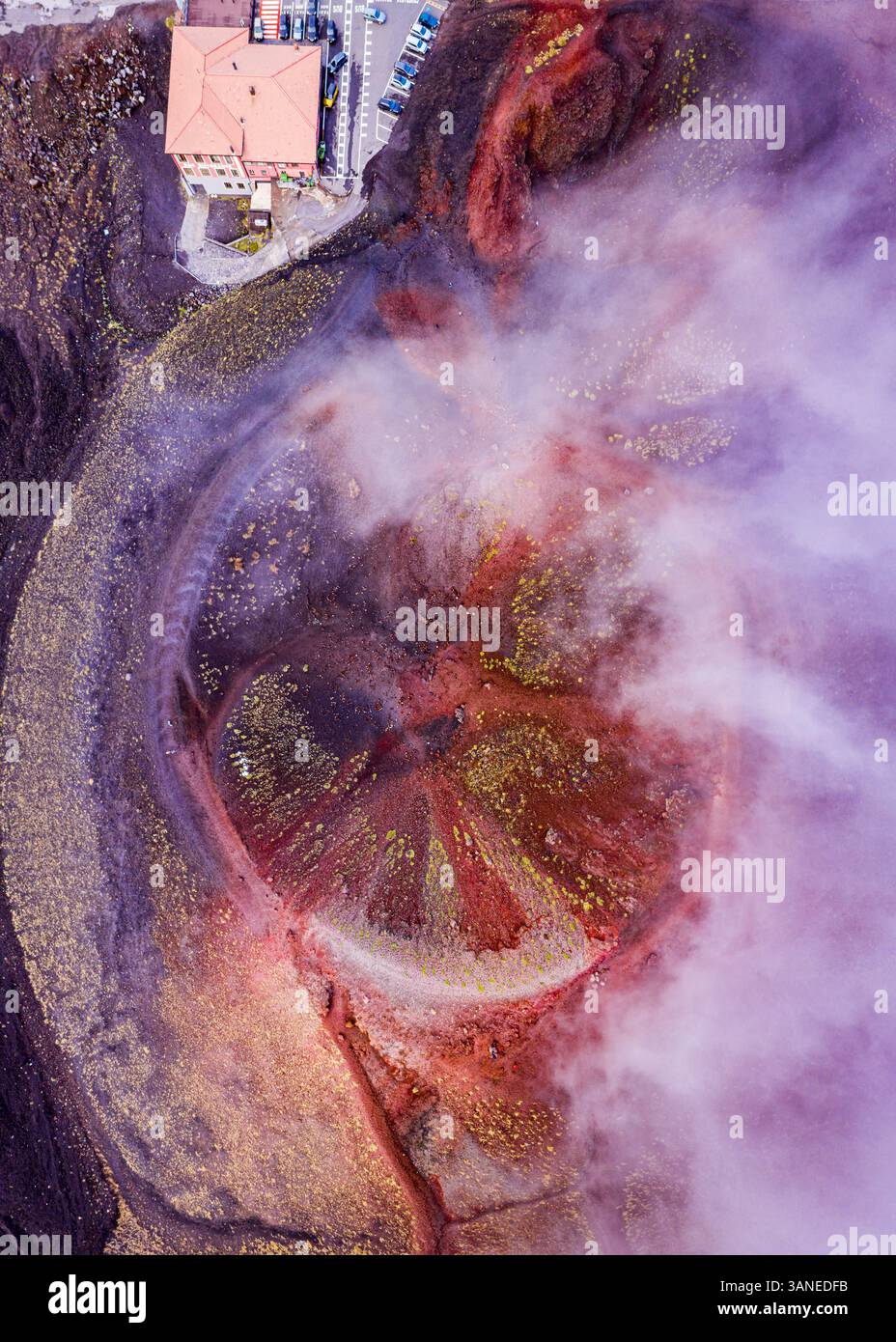 Aerial view of of a crater at the Vulcano Etna on Sicily in Italy ...