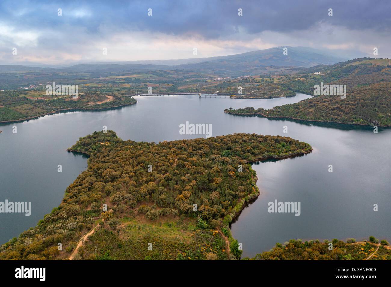 Aerial view of Albufeira da Barragem do Azibo, Santa Combinha, Portugal ...
