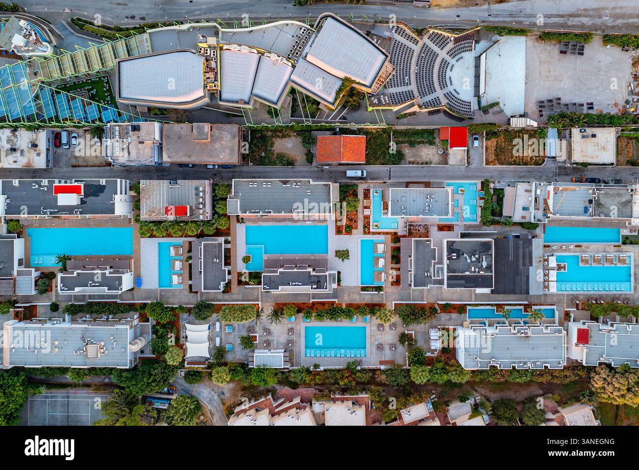 Aerial view of swimming pools from luxury hotels along the beach in Heraklion, Crete, Greece ...