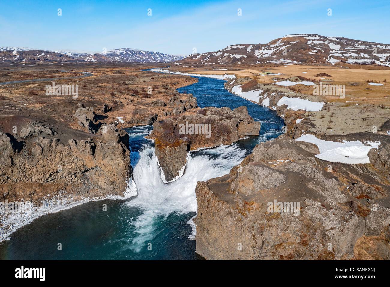 Aerial view of Hjalparfoss Waterfall, Southern Peninsula, Iceland Stock ...