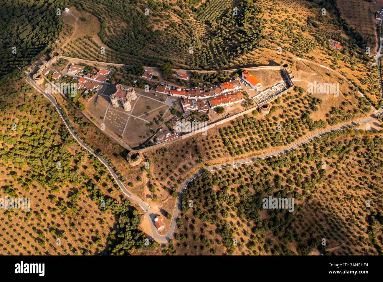 Aerial view of Evoramonte castle, a fort on hilltop, Evora, Portugal ...