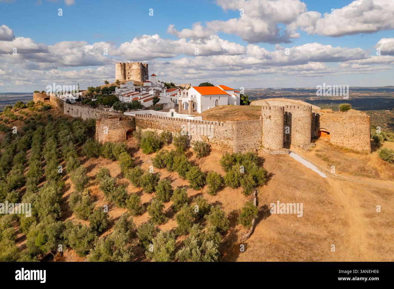 Aerial view of Evoramonte castle, a fort on hilltop, Evora, Portugal ...