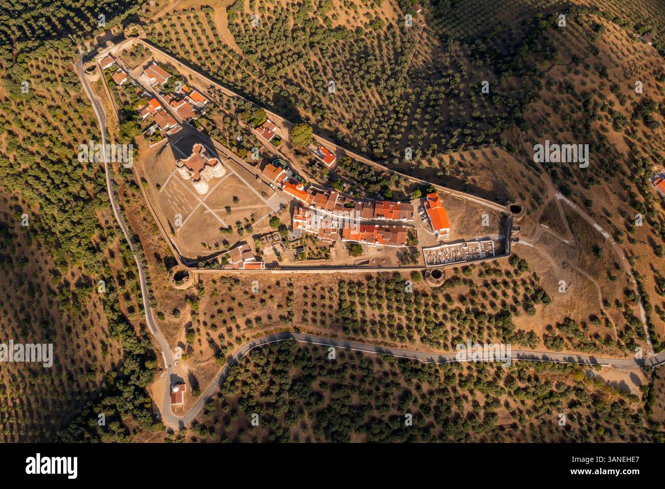 Aerial view of Evoramonte castle, a fort on hilltop, Evora, Portugal ...