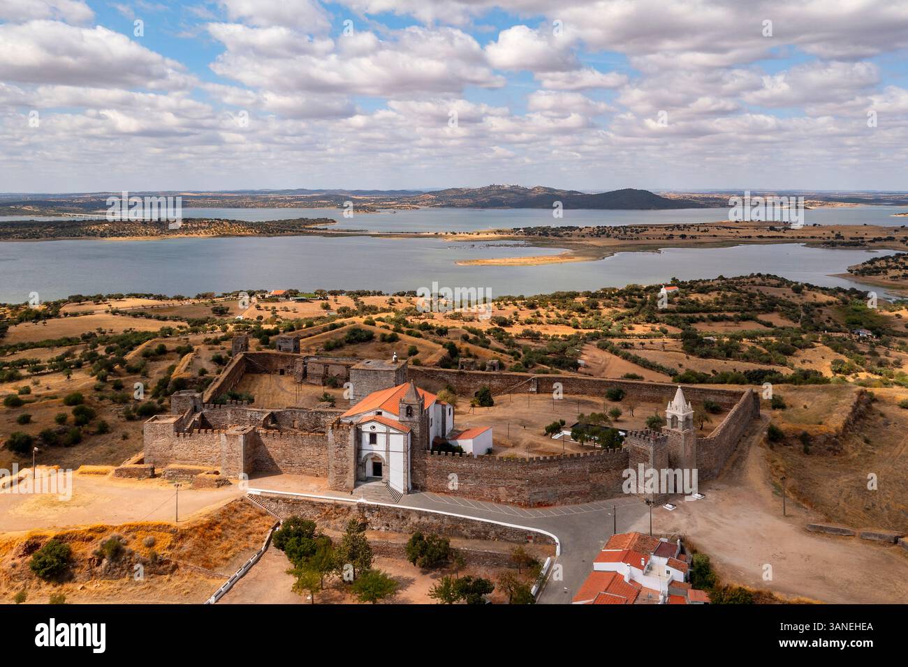 Aerial view of Evoramonte castle, a fort on hilltop, Evora, Portugal ...