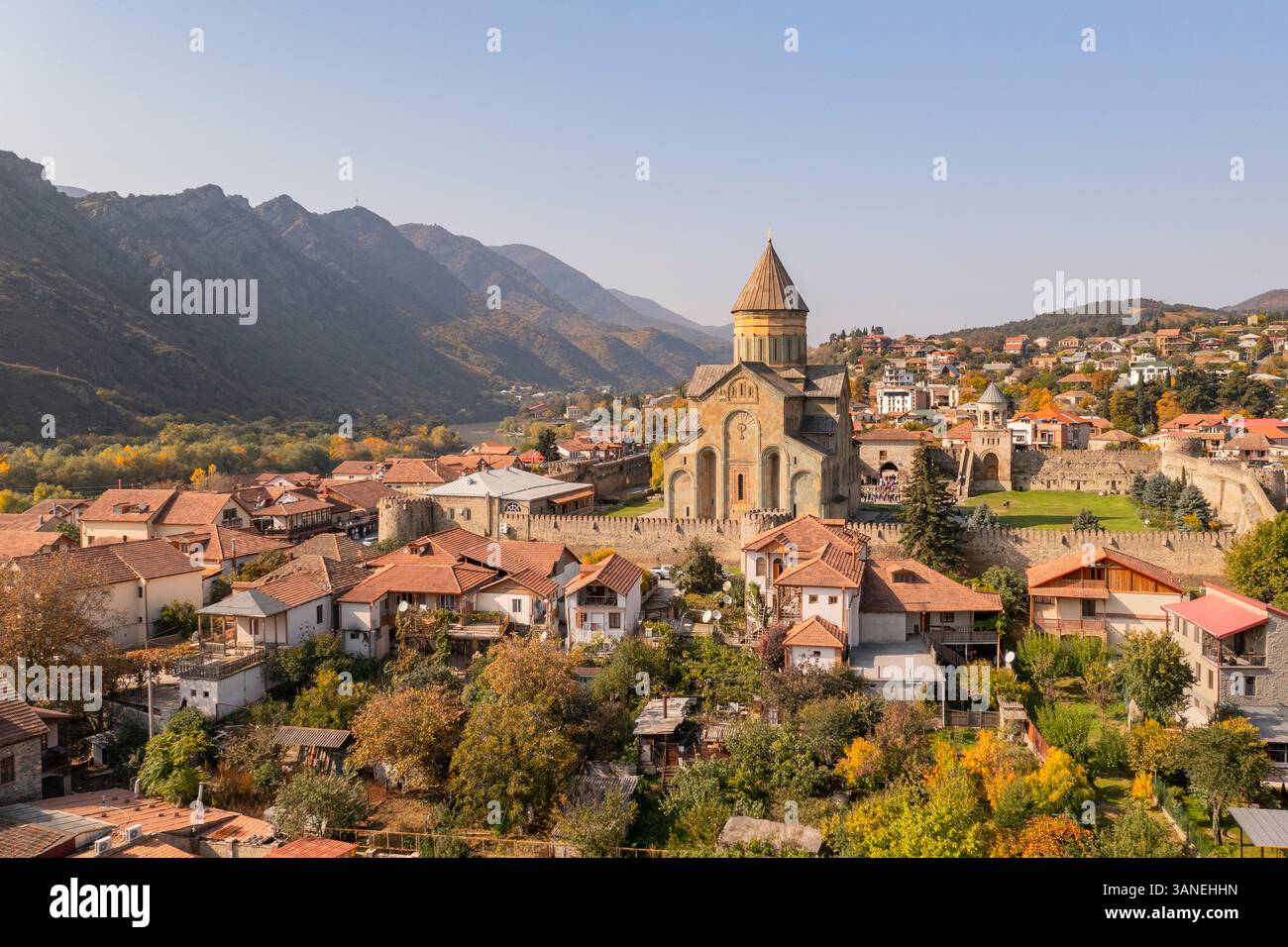 Aerial view of Mtskheta with the city cathedral, a small town along ...