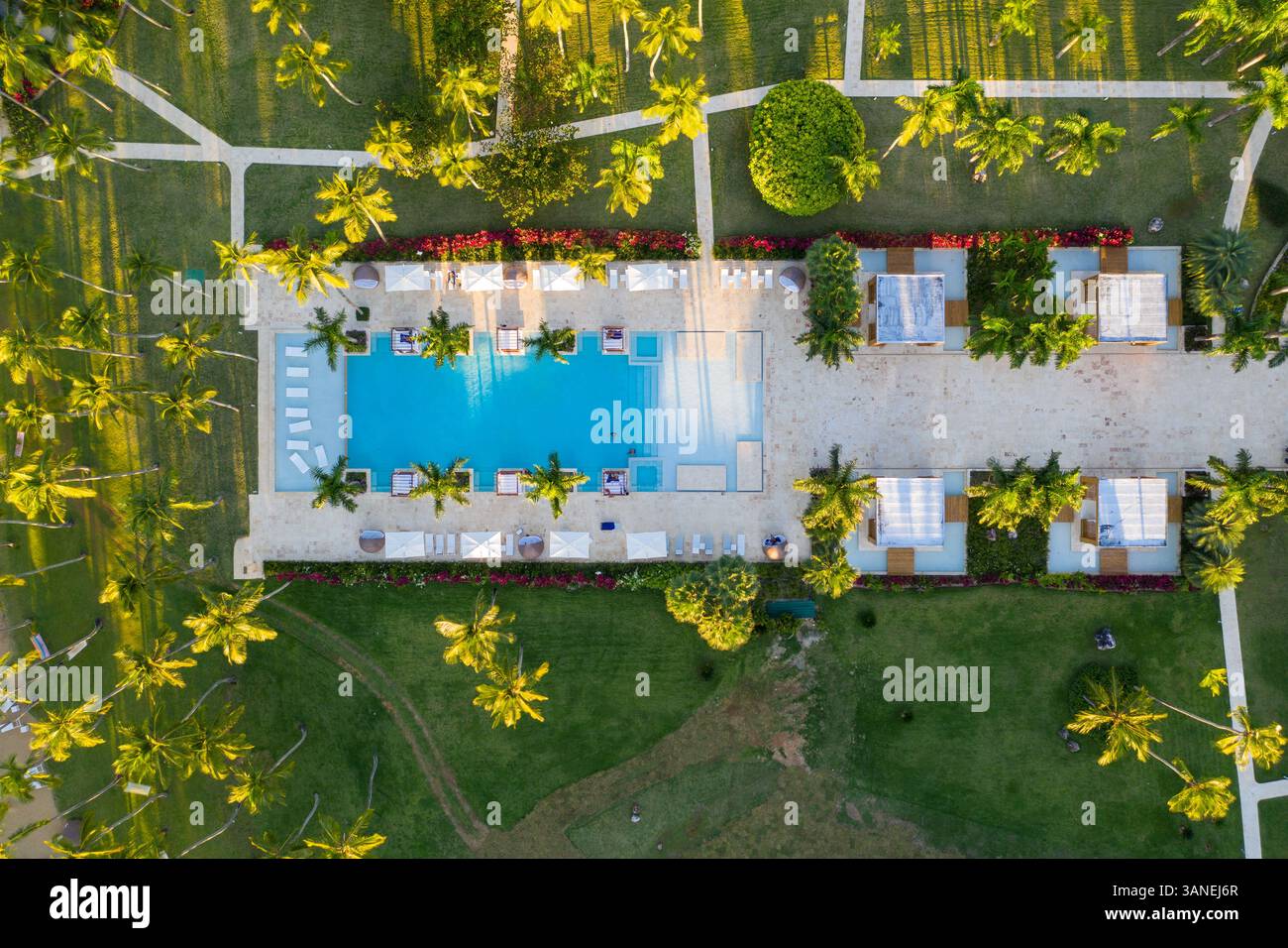 Aerial view of swimming pool in a luxury resort in the Dominican ...