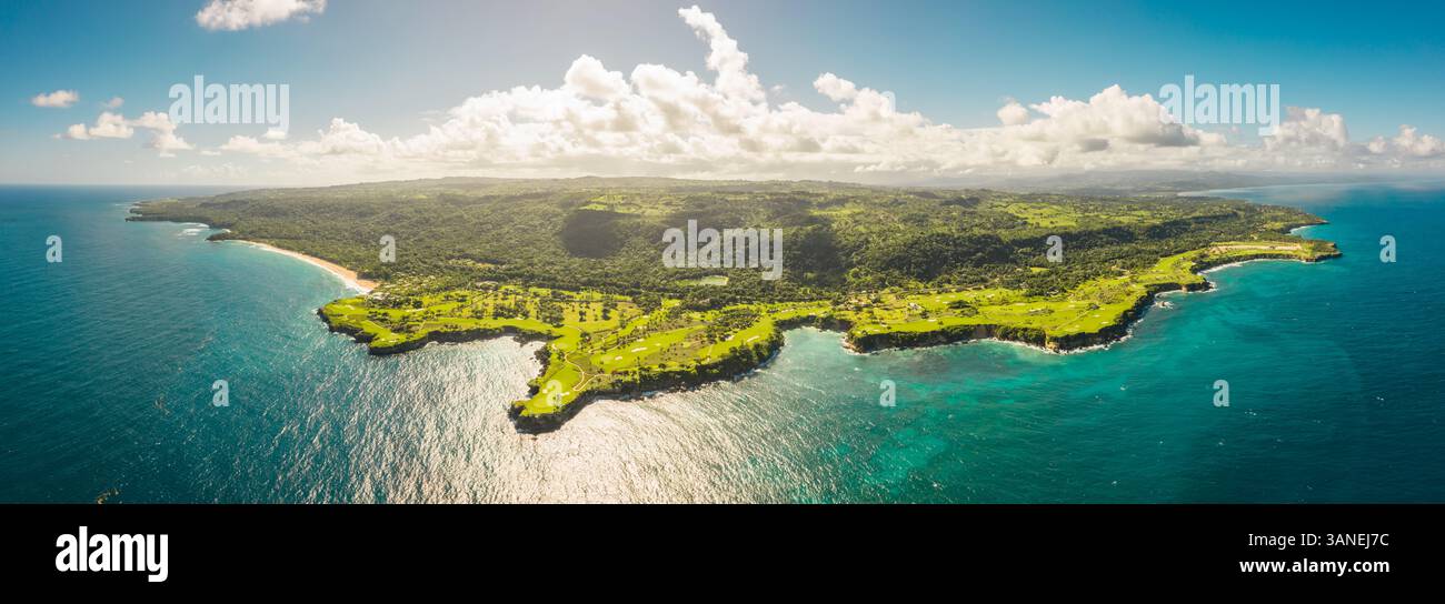 Panoramic aerial view of a paradise island in the Atlantic Ocean at ...