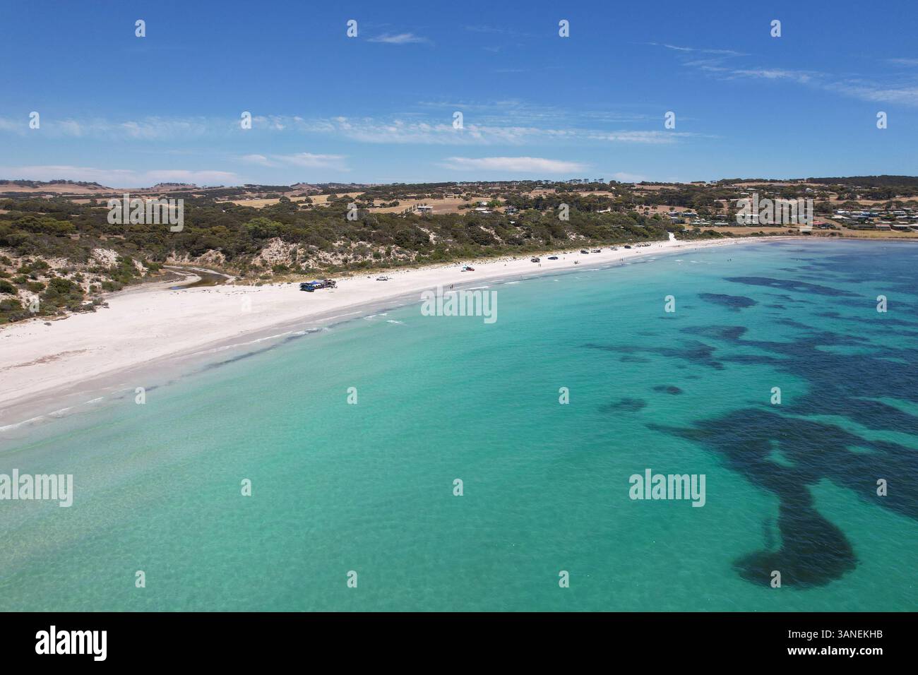 Aerial view of beautiful Emu Bay beach with turquoise water and sandy ...
