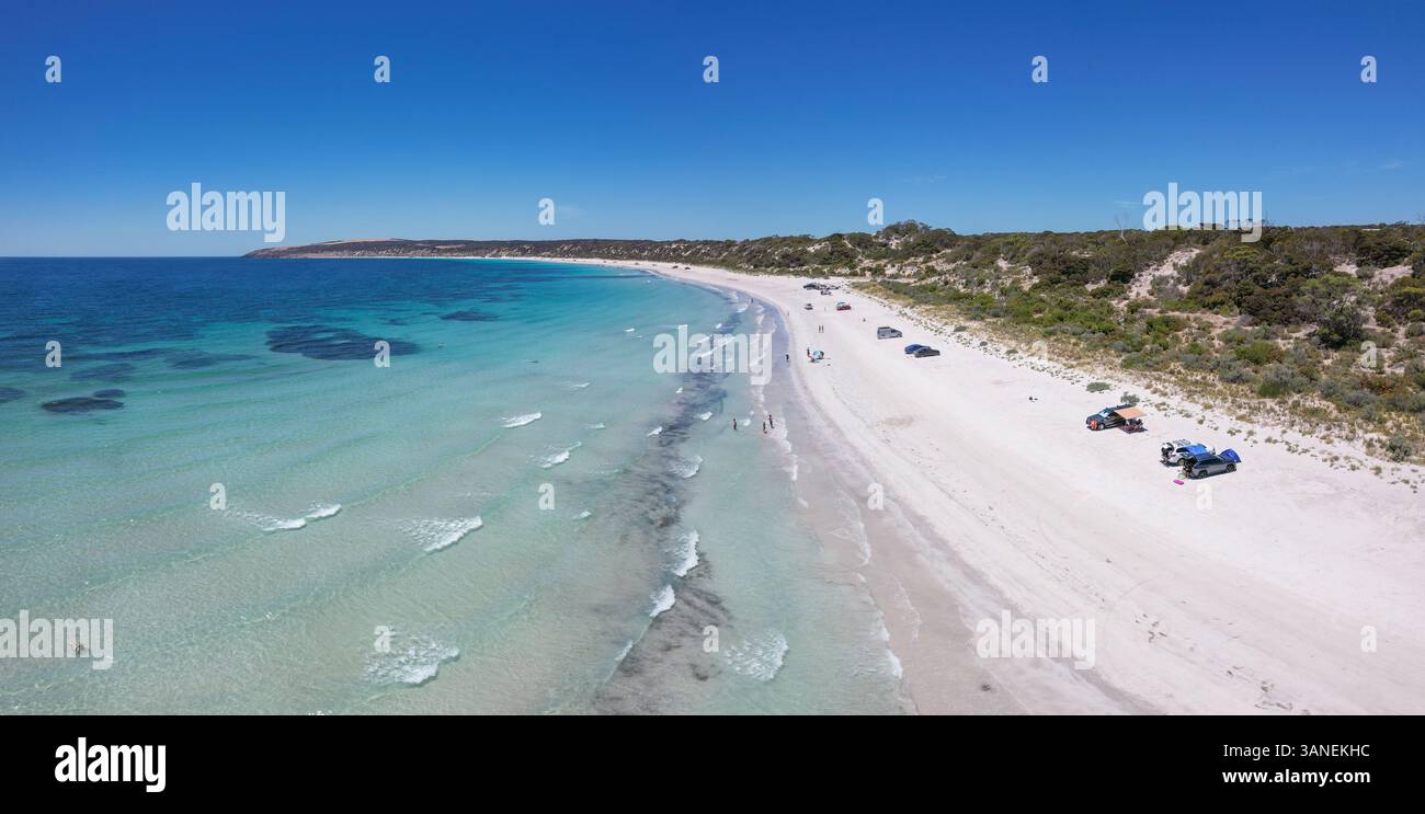 Aerial view of beautiful Emu Bay beach with clear water and sandy shore ...