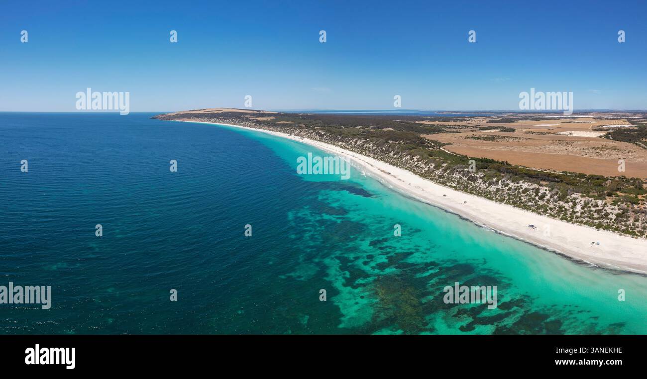 Aerial view of Emu Bay beach with sandy shoreline and turquoise ocean ...