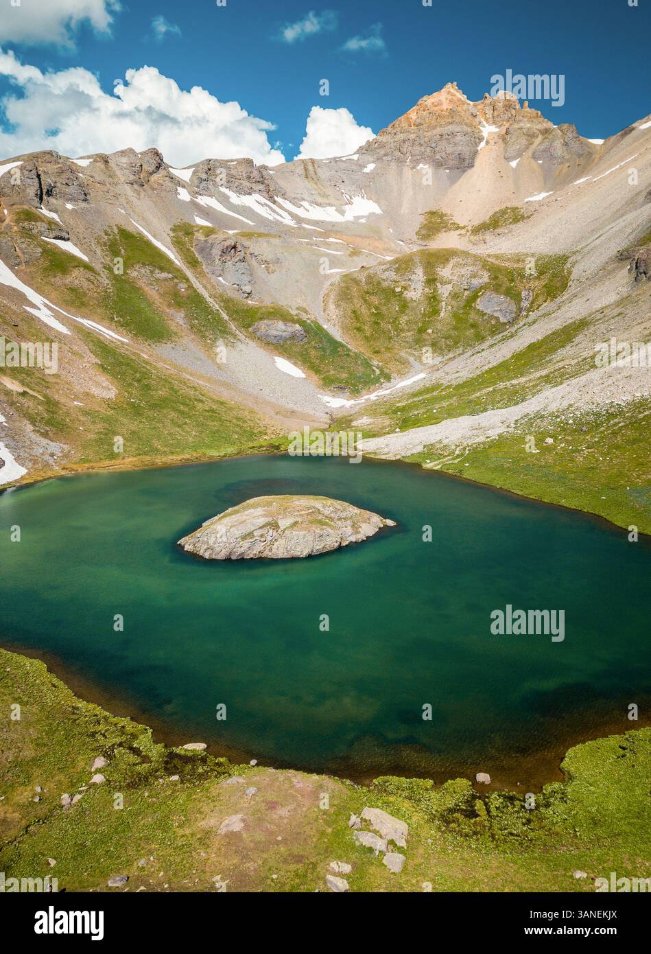 Aerial view of Island Lake in Ice Lake Basin park, Silverton, Colorado ...
