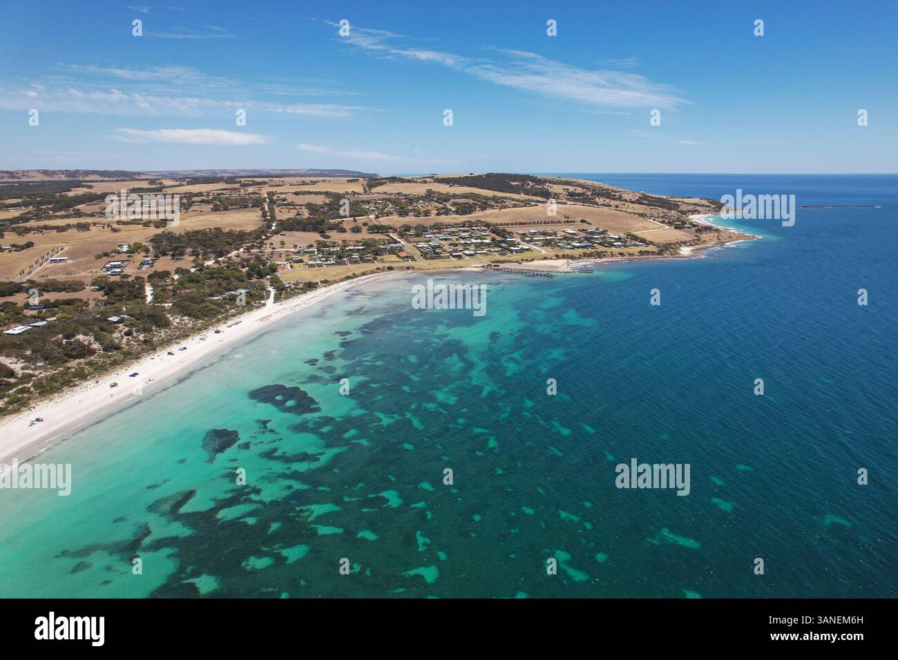 Aerial view of beautiful Emu Bay beach with turquoise water and calm ...