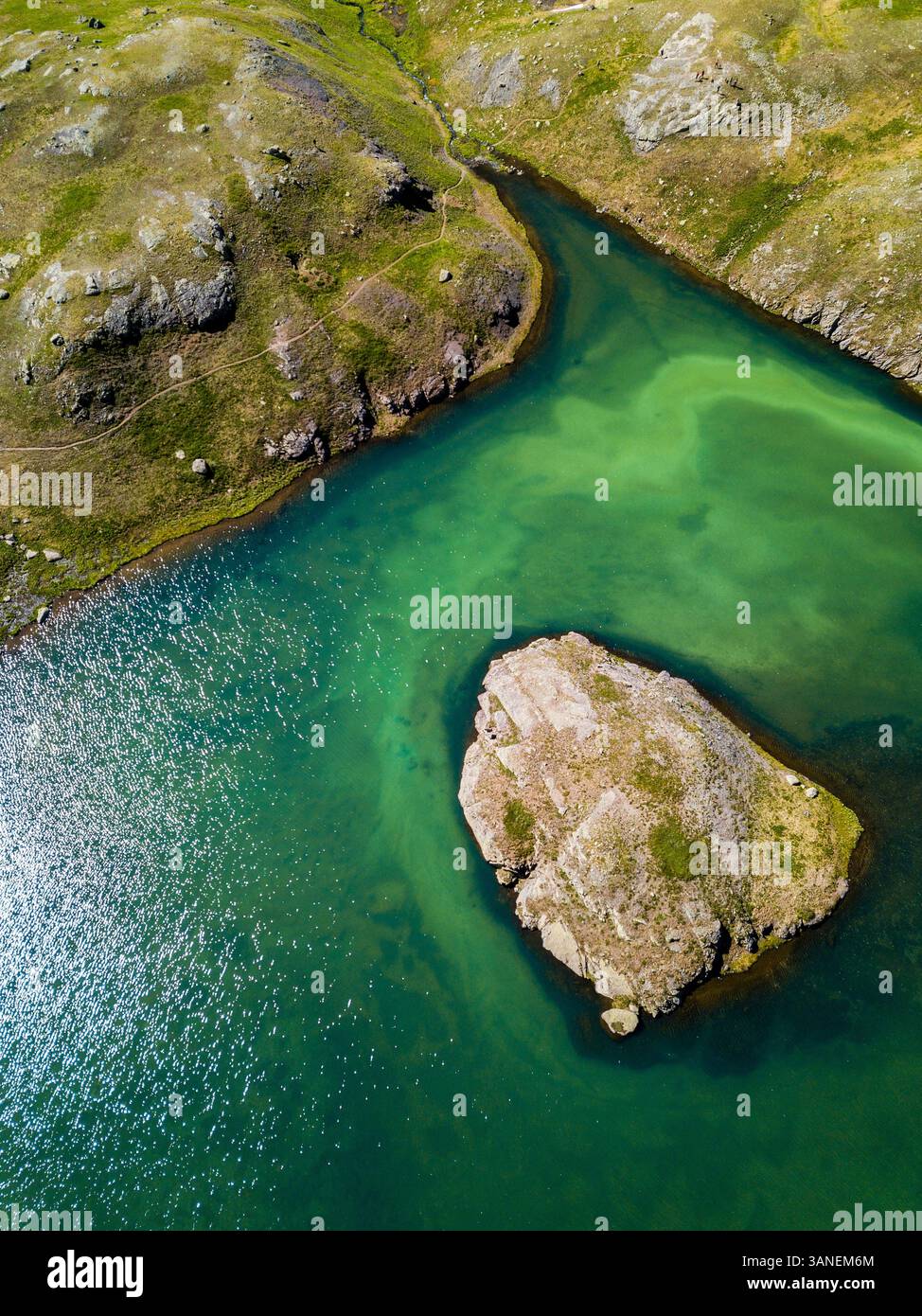 Aerial view of Island Lake in Ice Lake Basin park, Silverton, Colorado ...