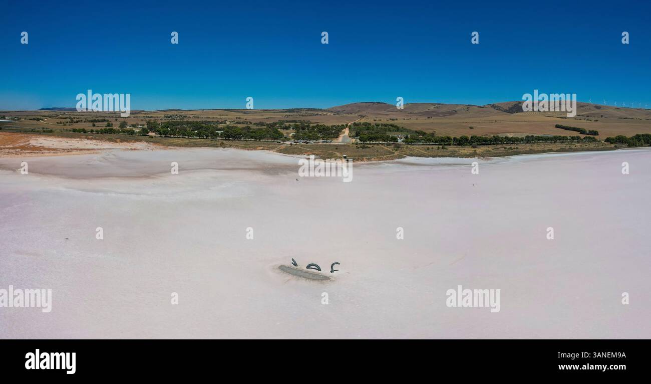 Aerial view of Lake Bumbunga with unique Loch Ness monster installation ...