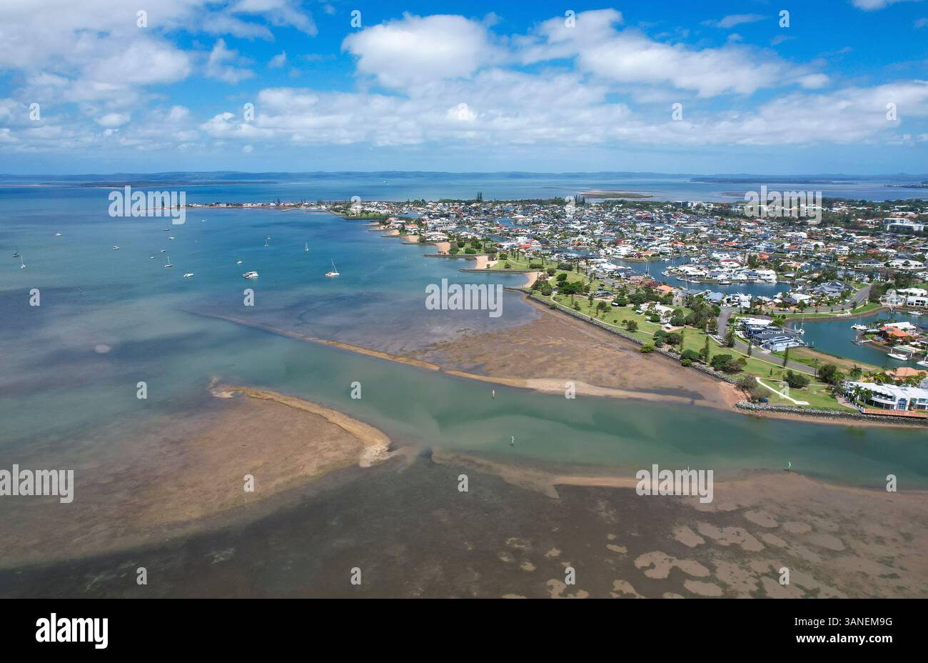 Aerial view of Raby Bay Foreshore Playground with boats and scenic ...