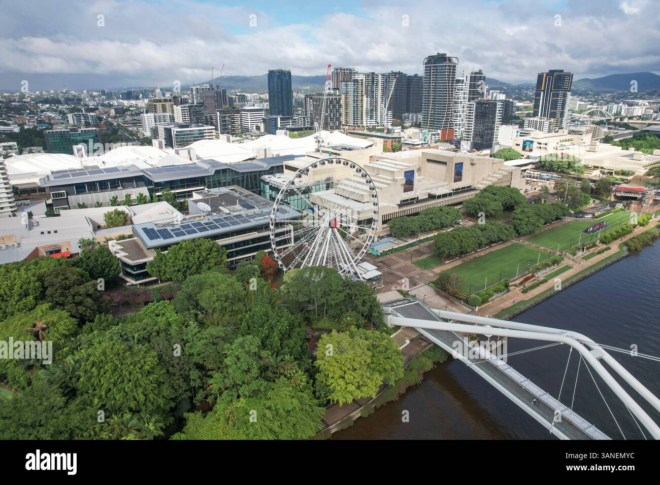 Aerial view of the beautiful cityscape featuring the Wheel of Brisbane ...