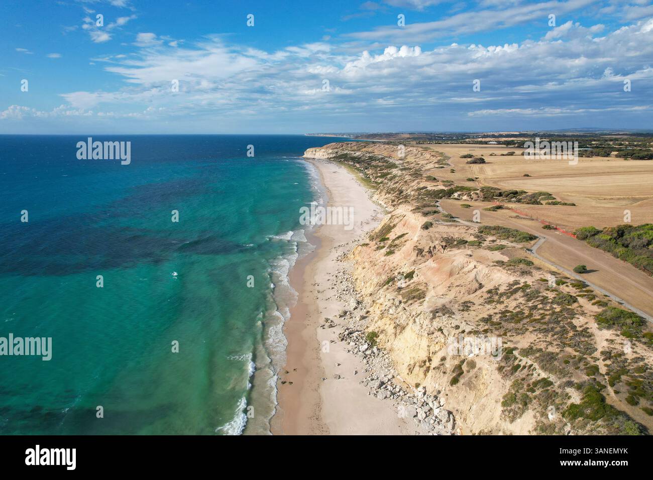 Aerial view of Port Willunga Beach with rugged cliffs and beautiful ...