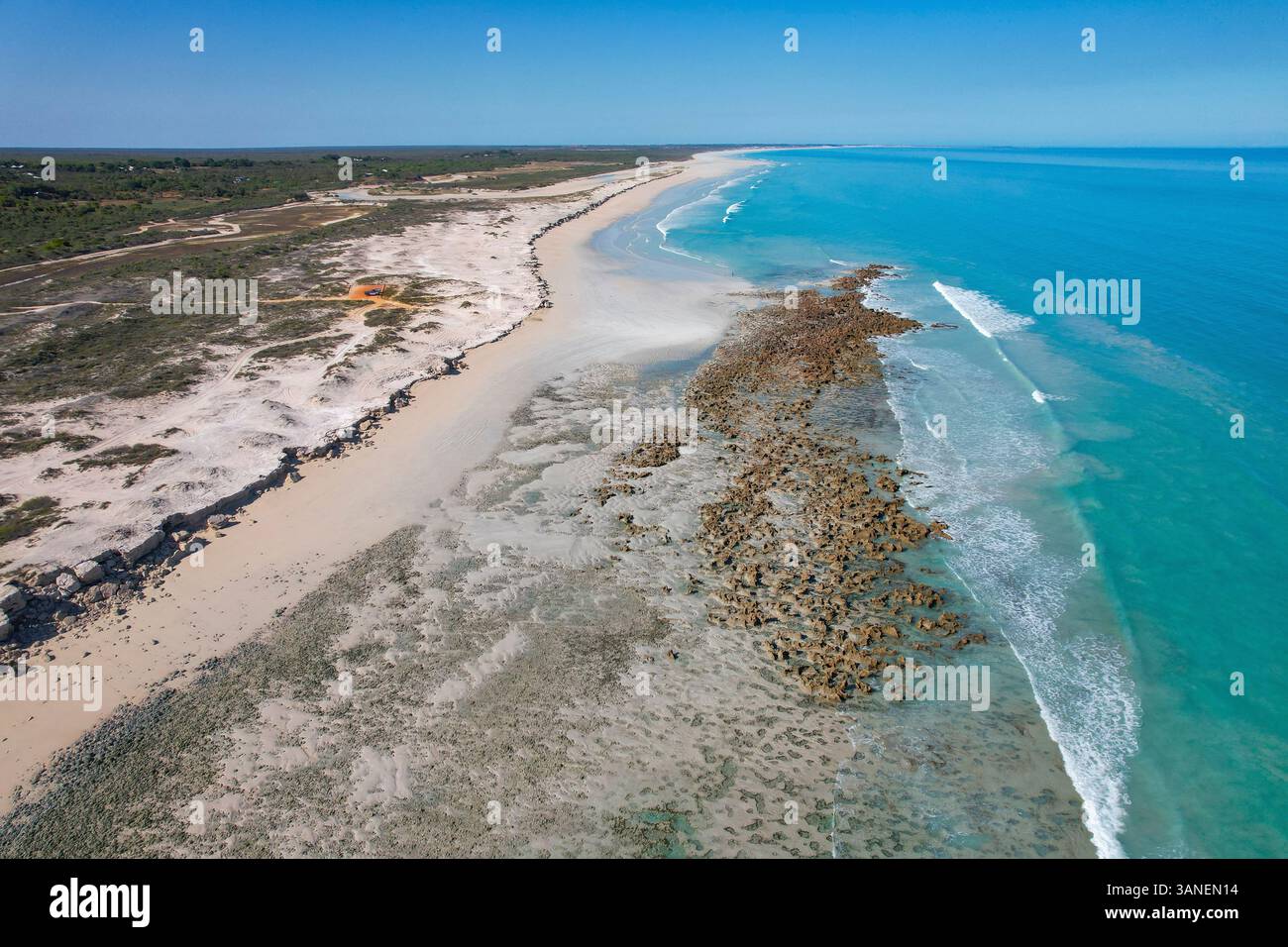 Aerial view of coconut well rock pools with turquoise water and sandy ...