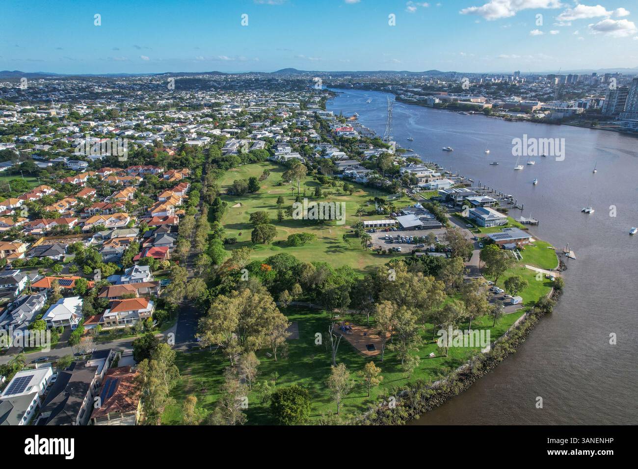 Aerial view of Brisbane River with Bulimba Golf Club and Vic Lucas Park ...