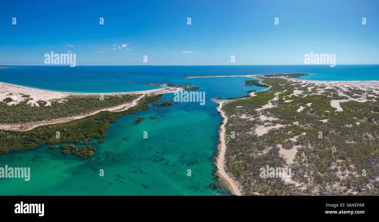 Aerial view of Lombadina Creek with beautiful coastline and clear ocean ...