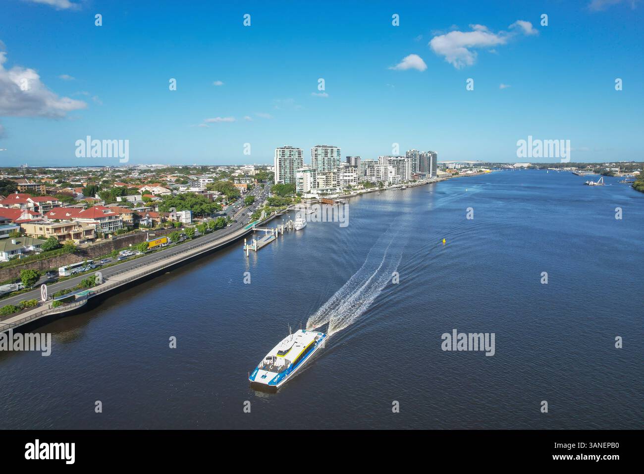 Aerial view of the scenic Brisbane River with modern buildings and the ...
