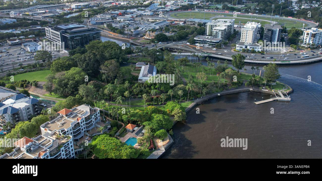 Aerial view of beautiful Brisbane River surrounded by modern buildings ...