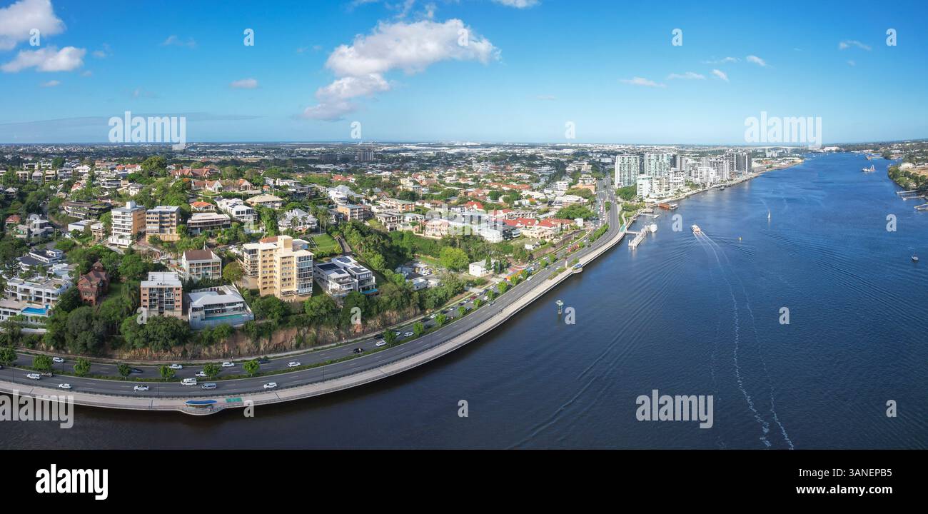 Aerial view of Portside Wharf along the Brisbane River with the Gateway ...