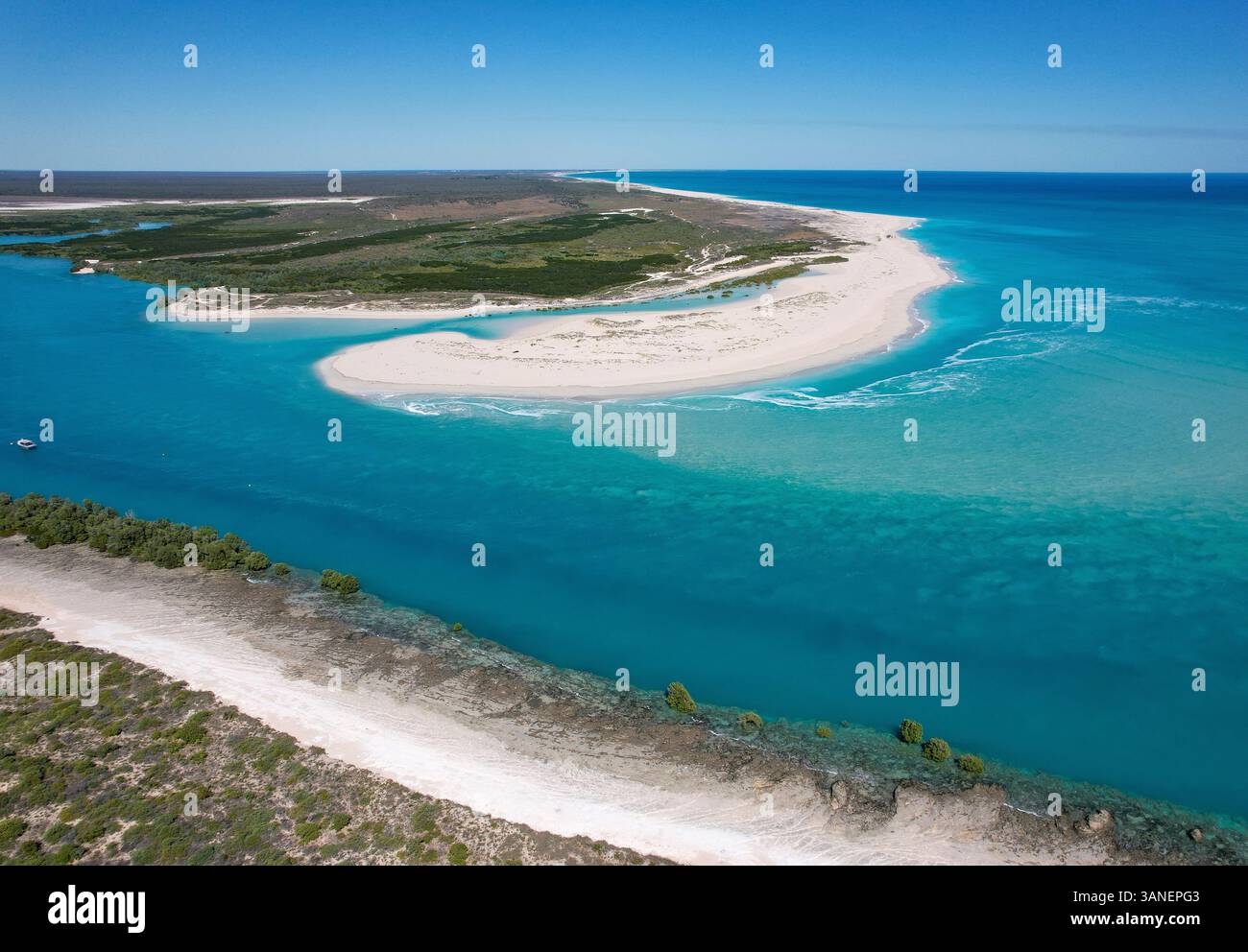 Aerial view of beautiful beach and serene inlet with lush green ...
