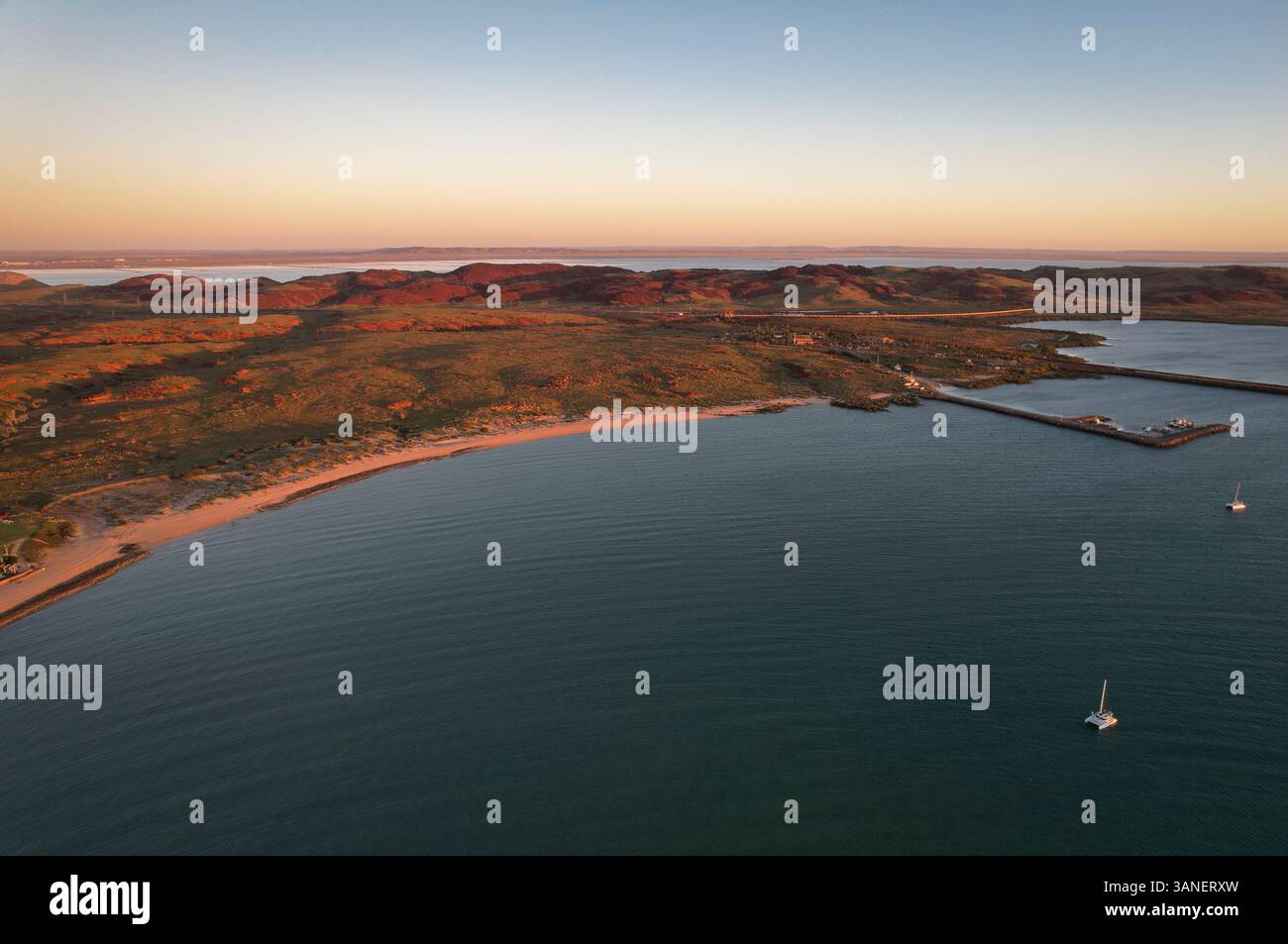 Aerial view of the tranquil and beautiful Dampier foreshore with sandy ...