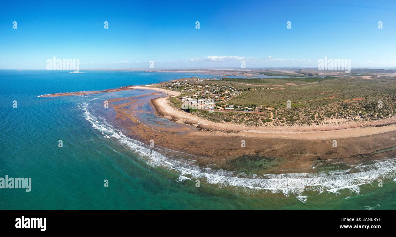 Aerial view of serene and beautiful Point Samson foreshore with sandy ...