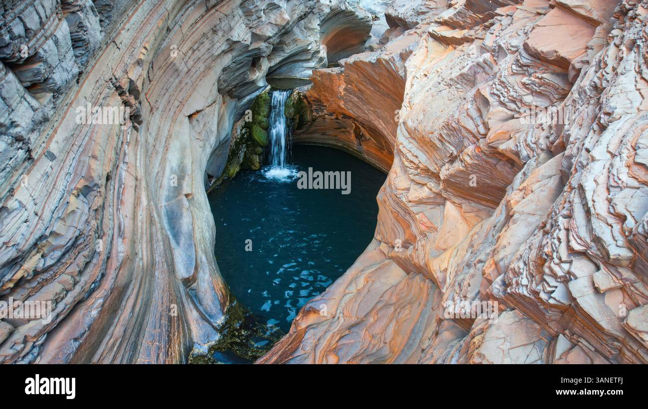 Aerial view of hamersley gorge spa pool with vibrant blue water and ...