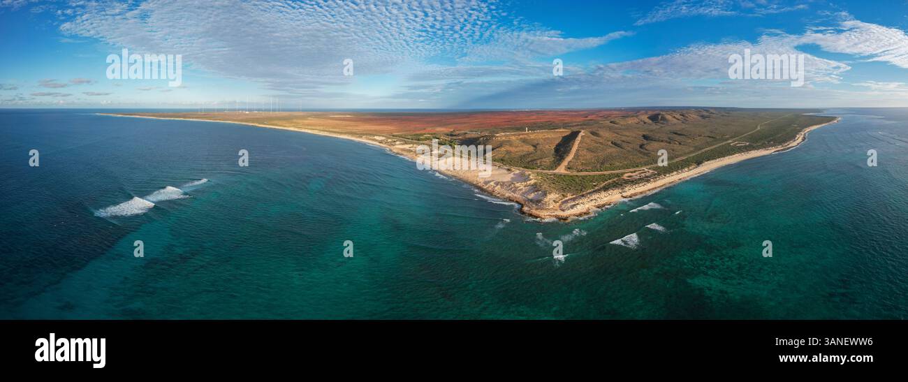 Aerial view of Vlamingh Head Lighthouse and surf break at Dunes Beach ...
