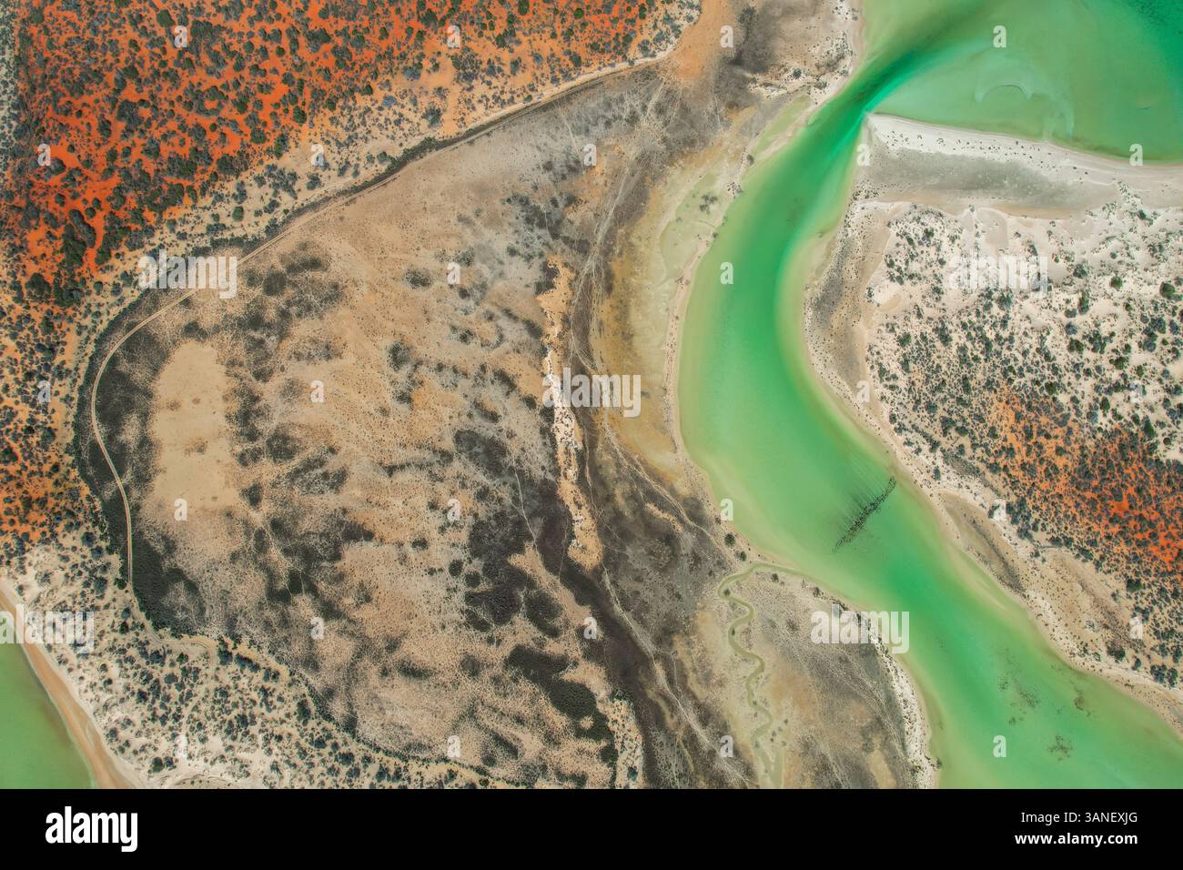 Aerial view of big lagoon and river with vibrant colors and serene ...
