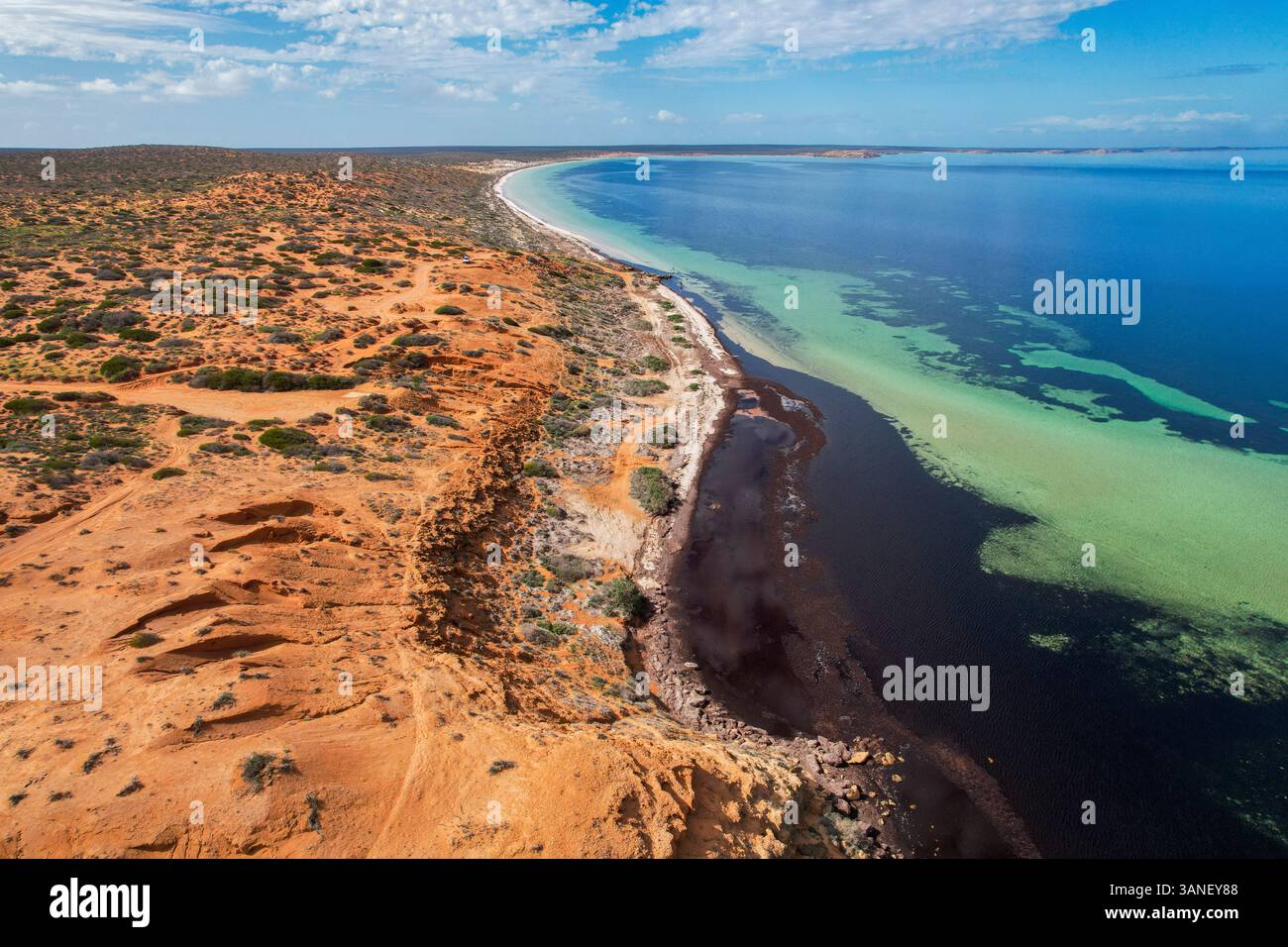 Aerial view of elephant rock and sandy coastline with beautiful blue ...