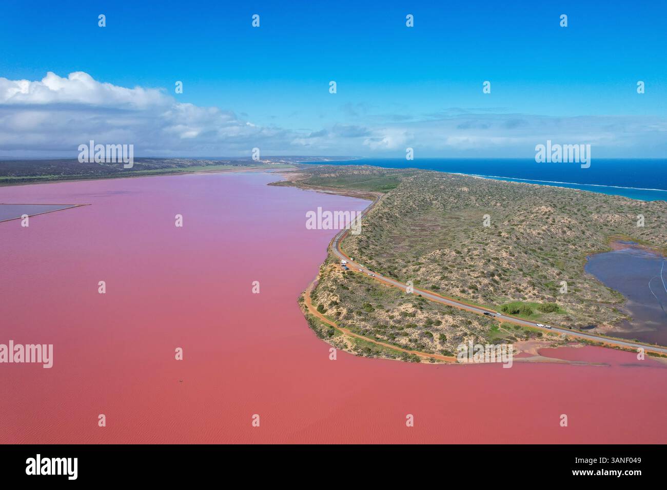Aerial view of vibrant Hutt Lagoon Pink Lake with serene waters and ...