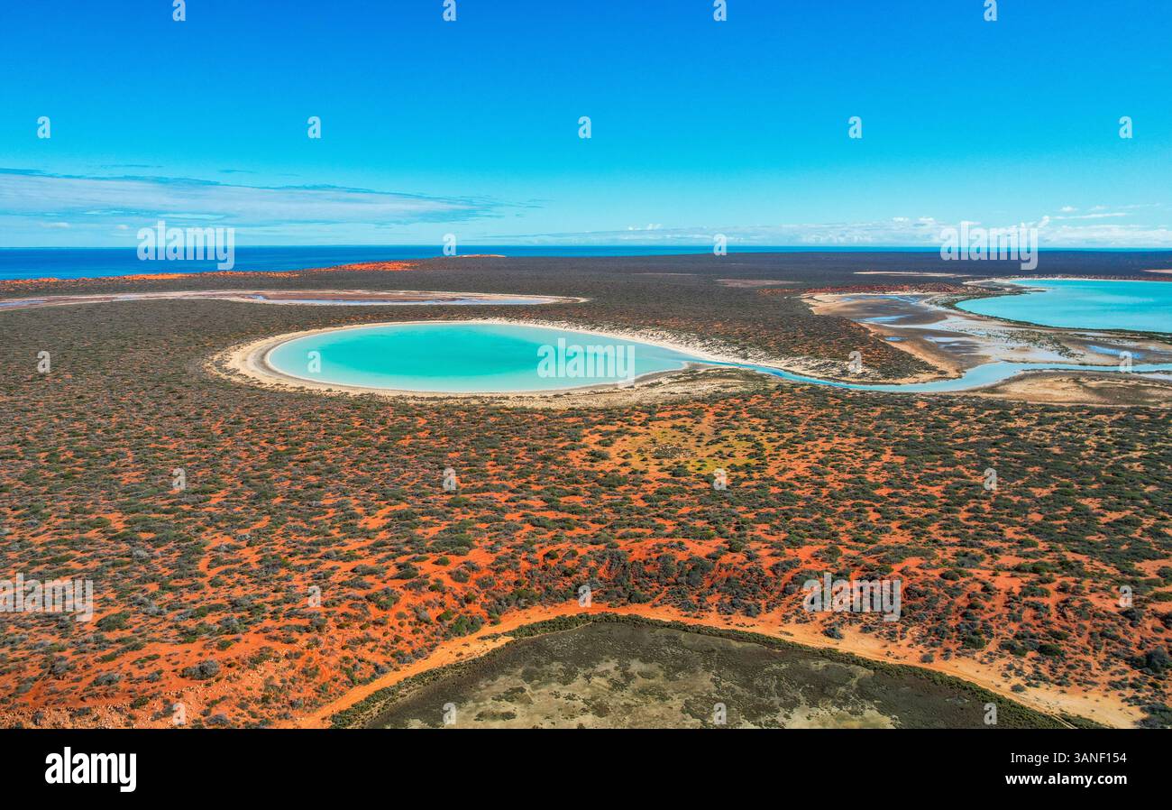Aerial view of big lagoon surrounded by coastal desert and vibrant blue ...